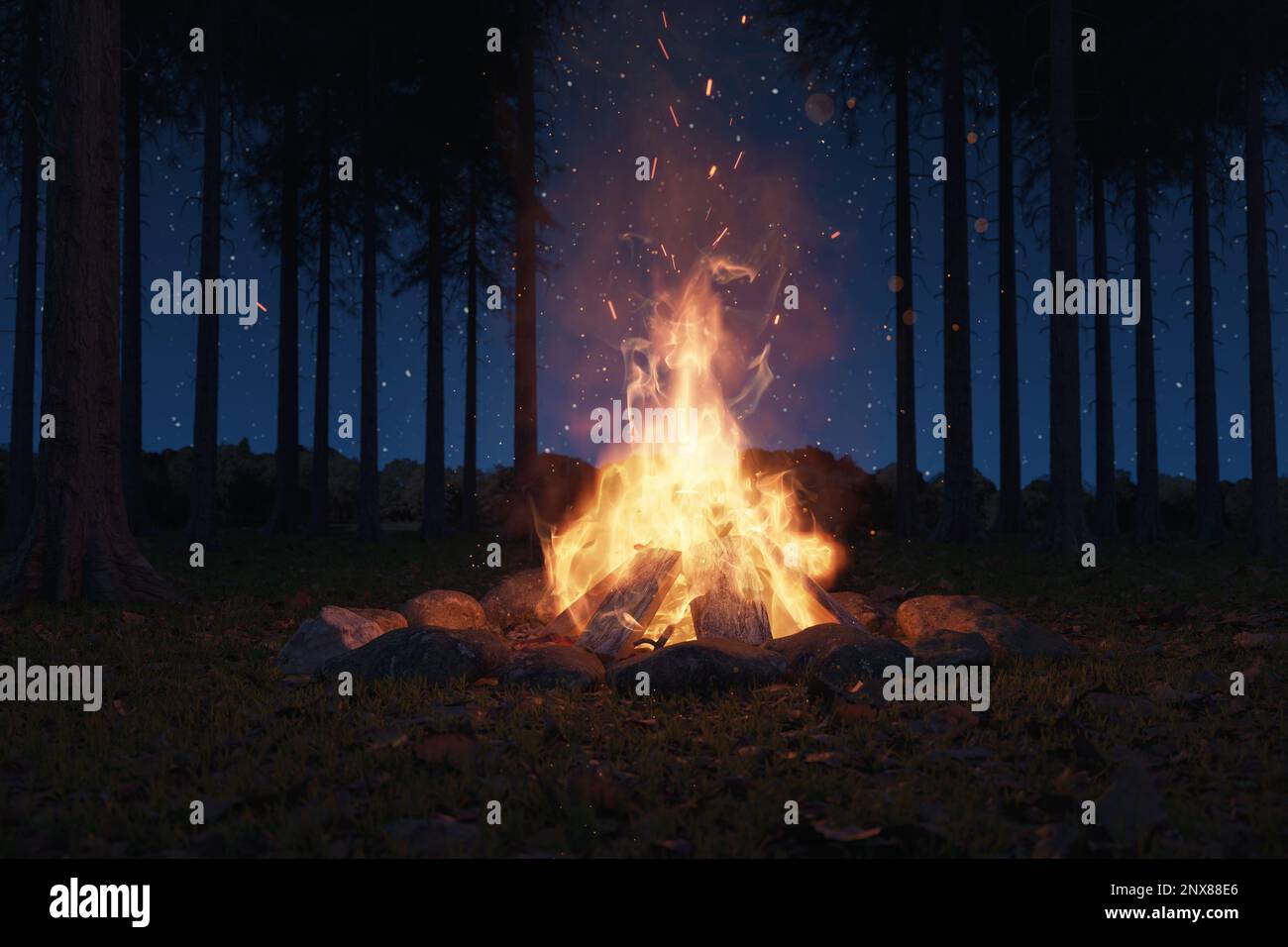 3D rendering of big bonfire with sparks and particles in front of pine ...