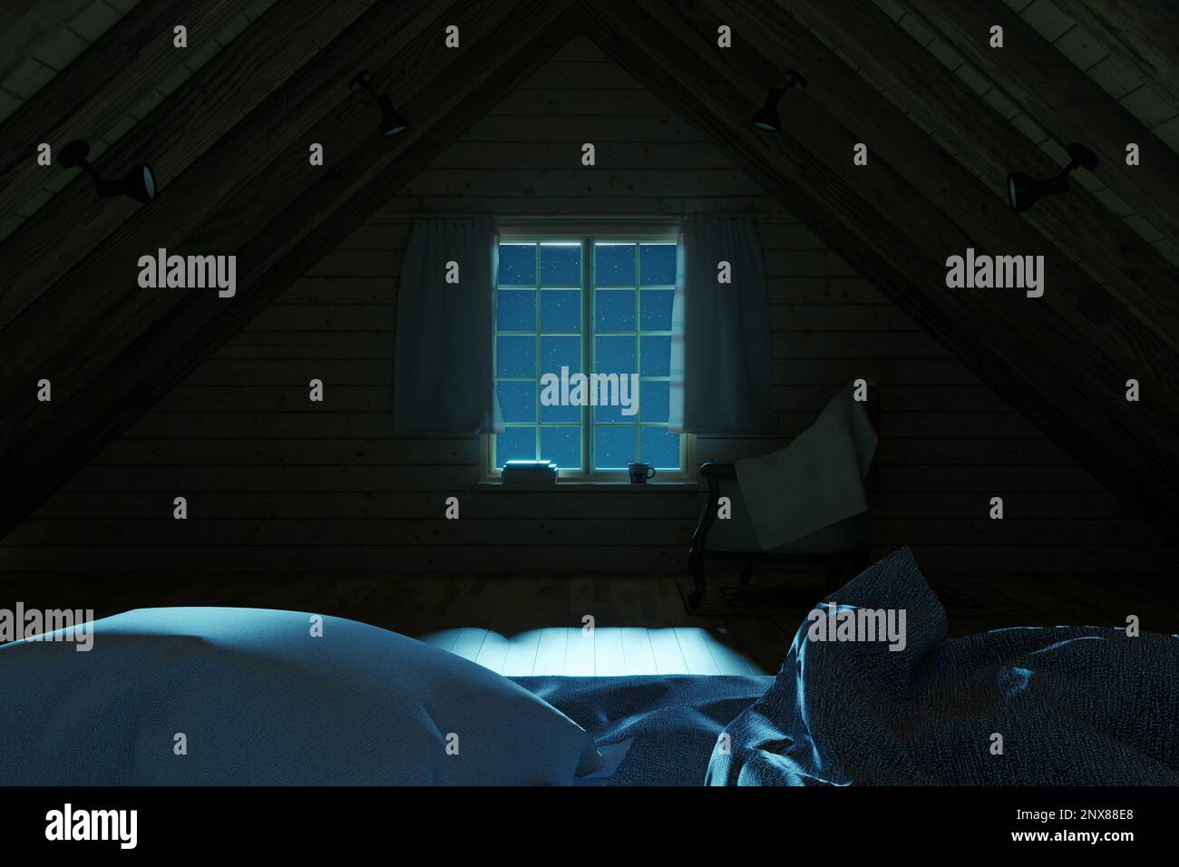 3D rendering of wooden attic room with view to the starry sky at window ...