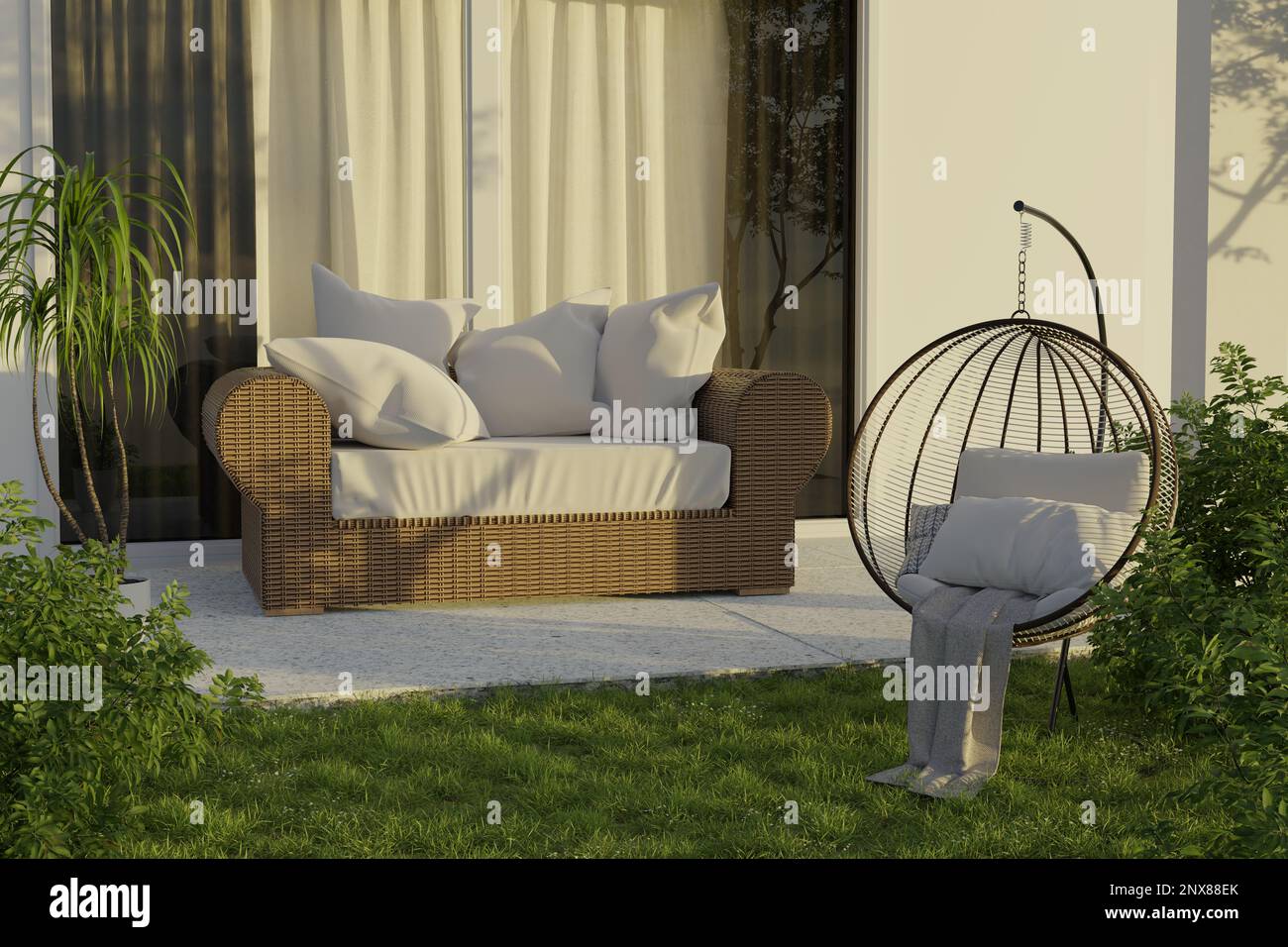 3D rendering of beautiful terrace with rattan furniture and hanging ...