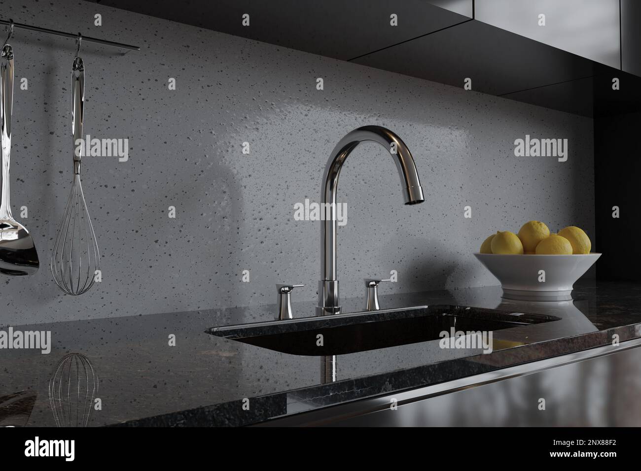 3D rendering of a modern kitchen interior with a chrome faucet and a ...