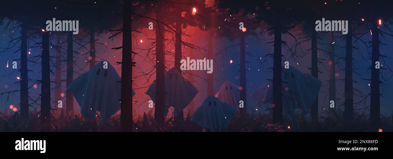 3D rendering of dark forest with flying ghosts illuminated by red light ...