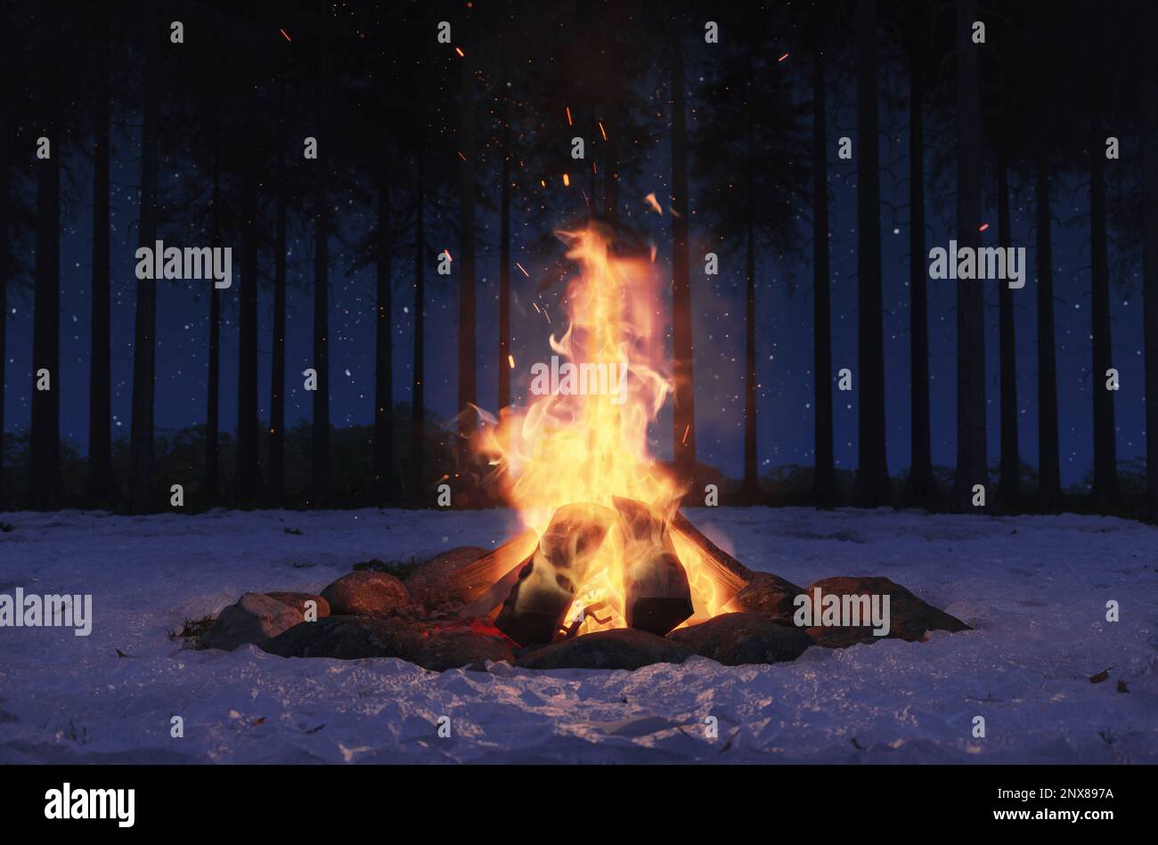 3d rendering of big bonfire with sparks and particles around snowy ...