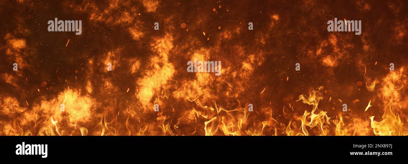 Grunge wall with blazing fire in panoramic format Stock Photo - Alamy