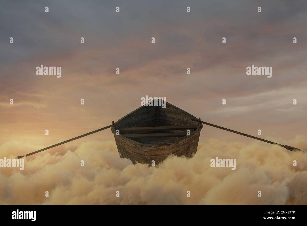 3D rendering of abandoned wooden boat over fluffy yellow clouds Stock ...