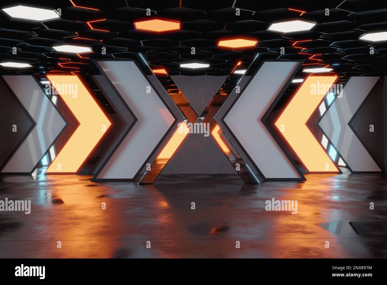 3D rendering of epic hall with neon direction elements and hexagonal ...