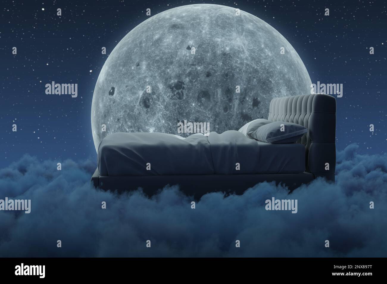 3d rendering of cozy bed over fluffy clouds at night. Illuminated by ...