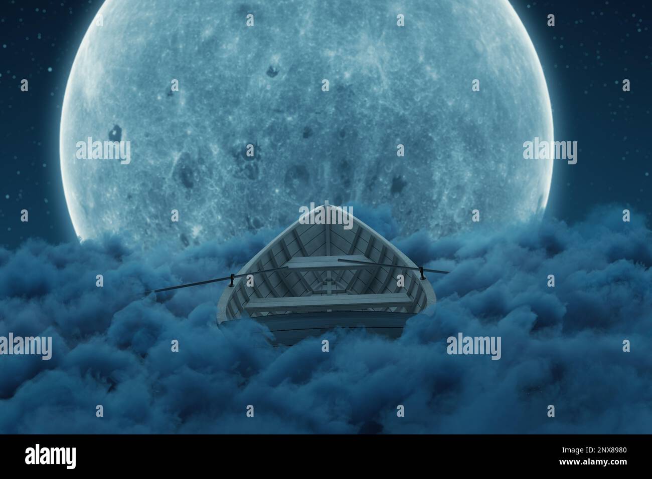 3D rendering of abandoned wooden boat over fluffy night clouds ...