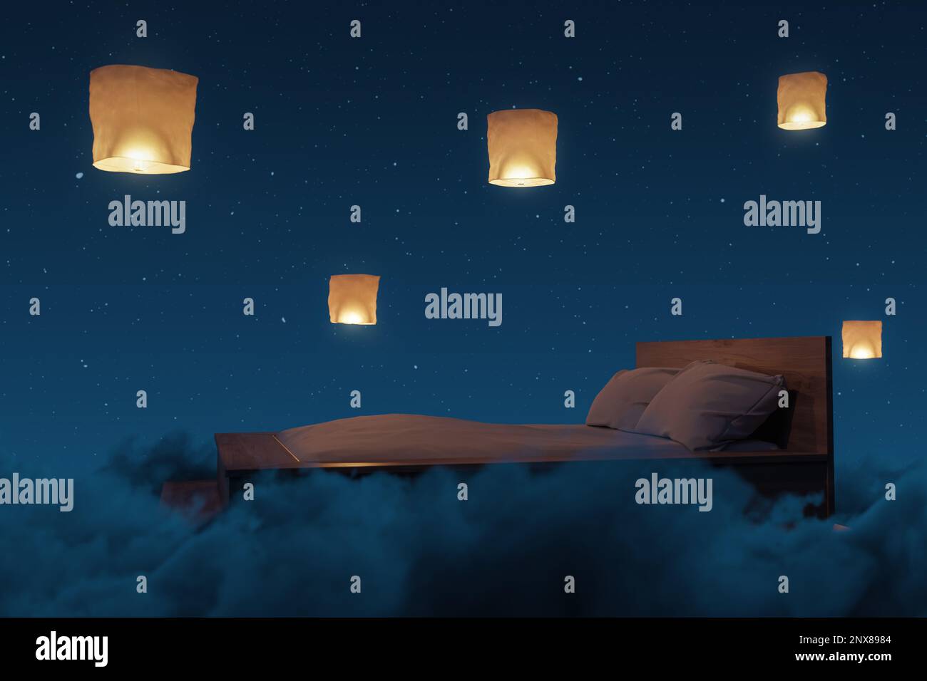 3d rendering of cosy bed illuminated by sky lantern. The bed flying ...