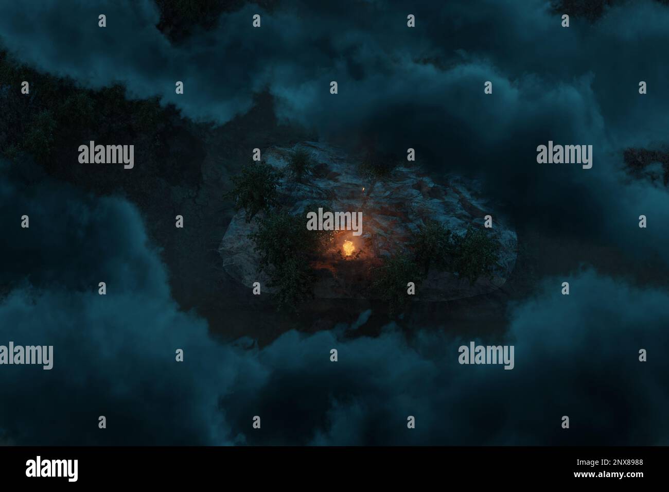 3d rendering of a rock island with bonfire from top view Stock Photo ...