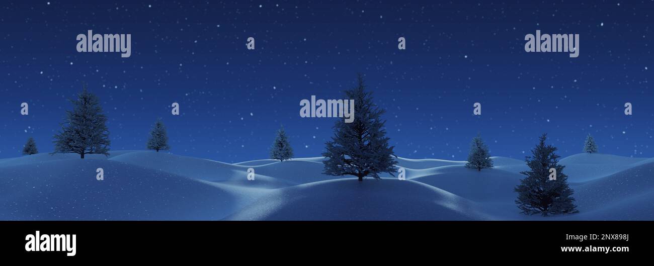 3D rendering of wavy snow landscape with white spruce trees in front of ...