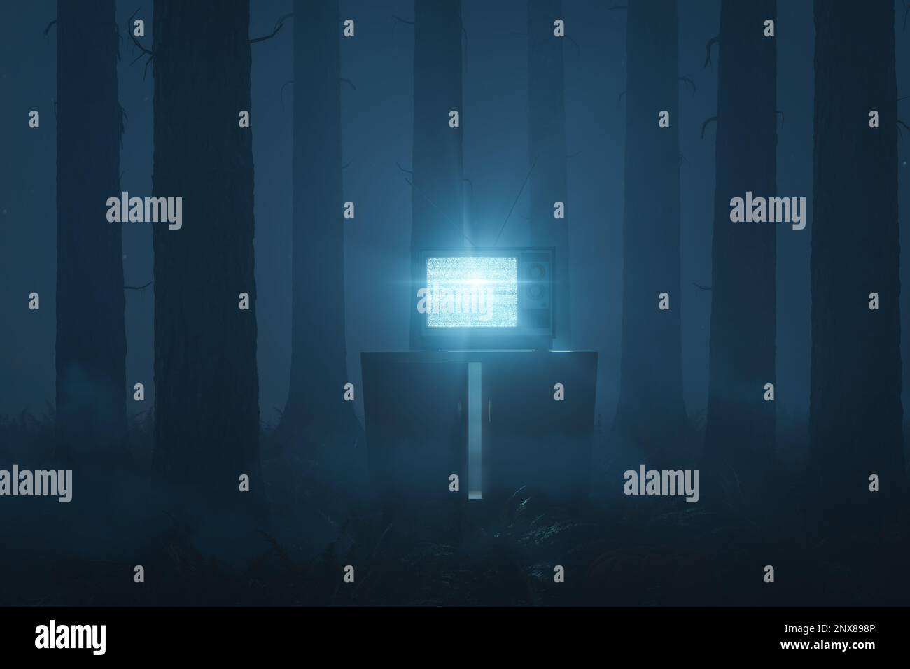 3D rendering of foggy forest and an old television with bright static ...