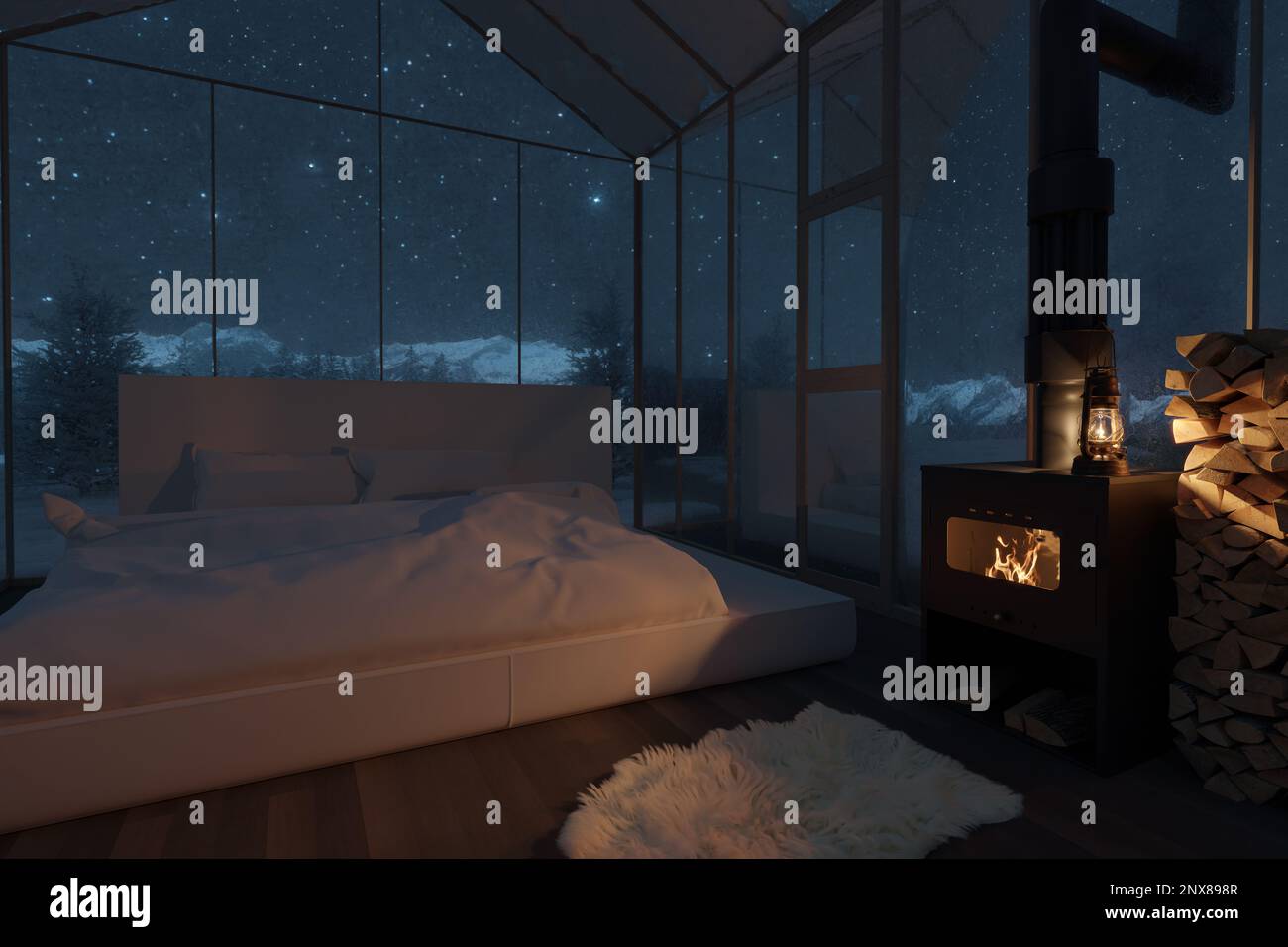 3D rendering of cozy hut with bed and glass panels in front of starry ...