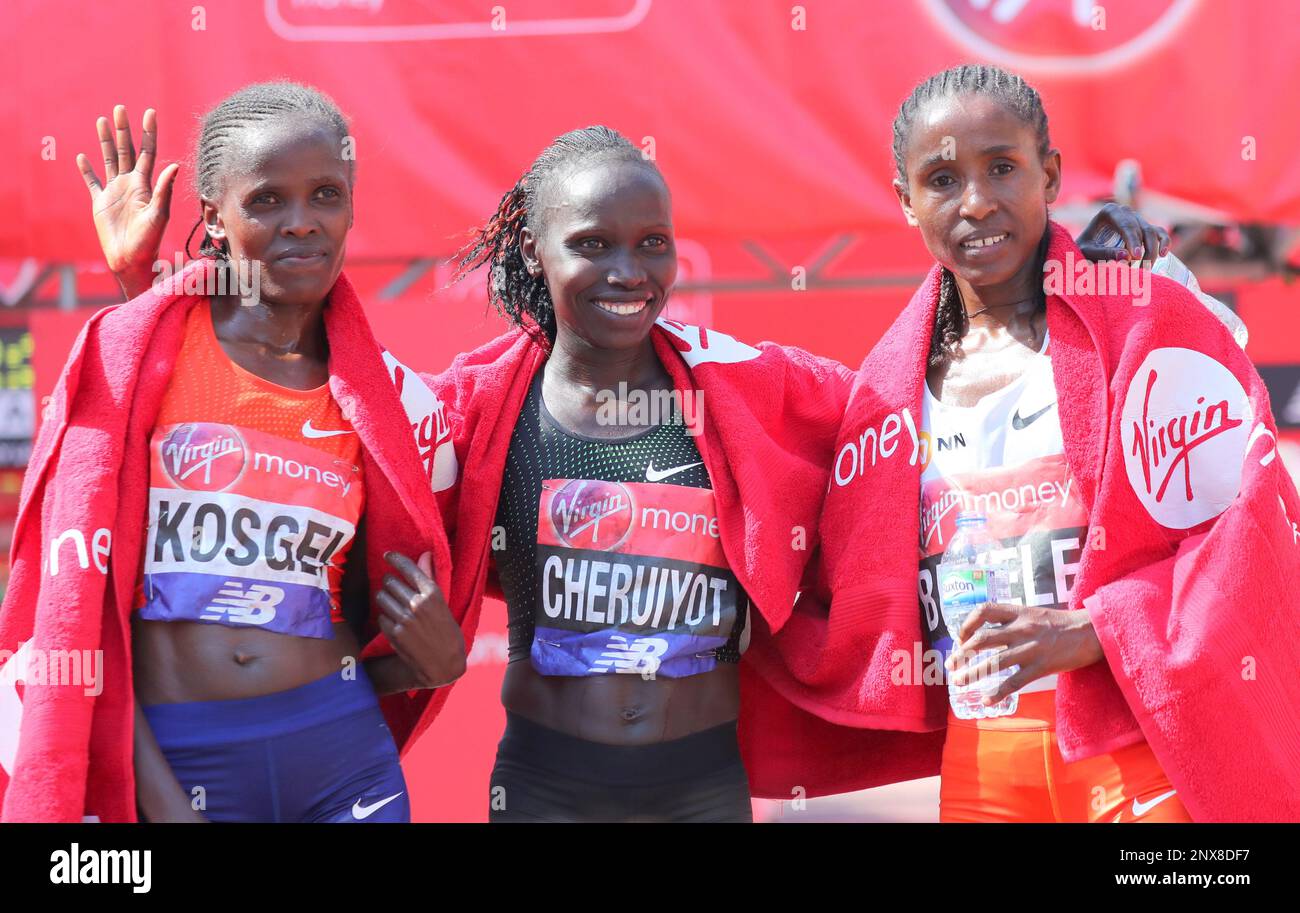 London Marathon women's winner Vivian Cheruyiot (KEN), center, poses ...