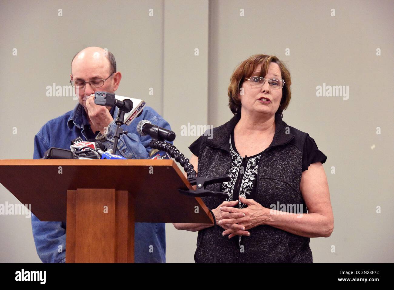 Jay and Lorene Bible, parents of Laurie Bible, speak at the press ...
