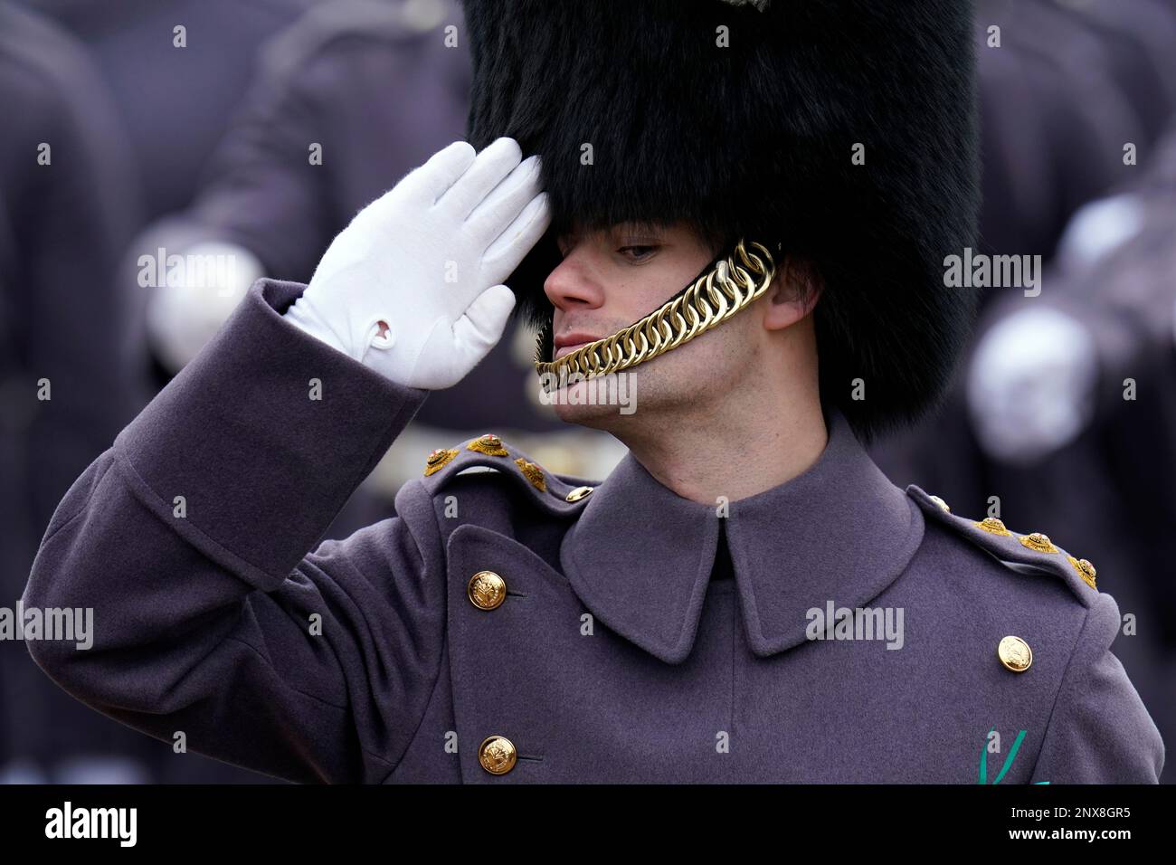 A member of the Welsh Guards salutes as they march past the dais during ...