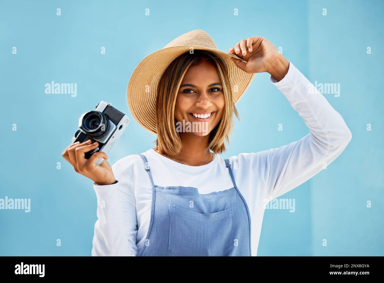 Happy, camera and photographer with portrait of woman for creative ...