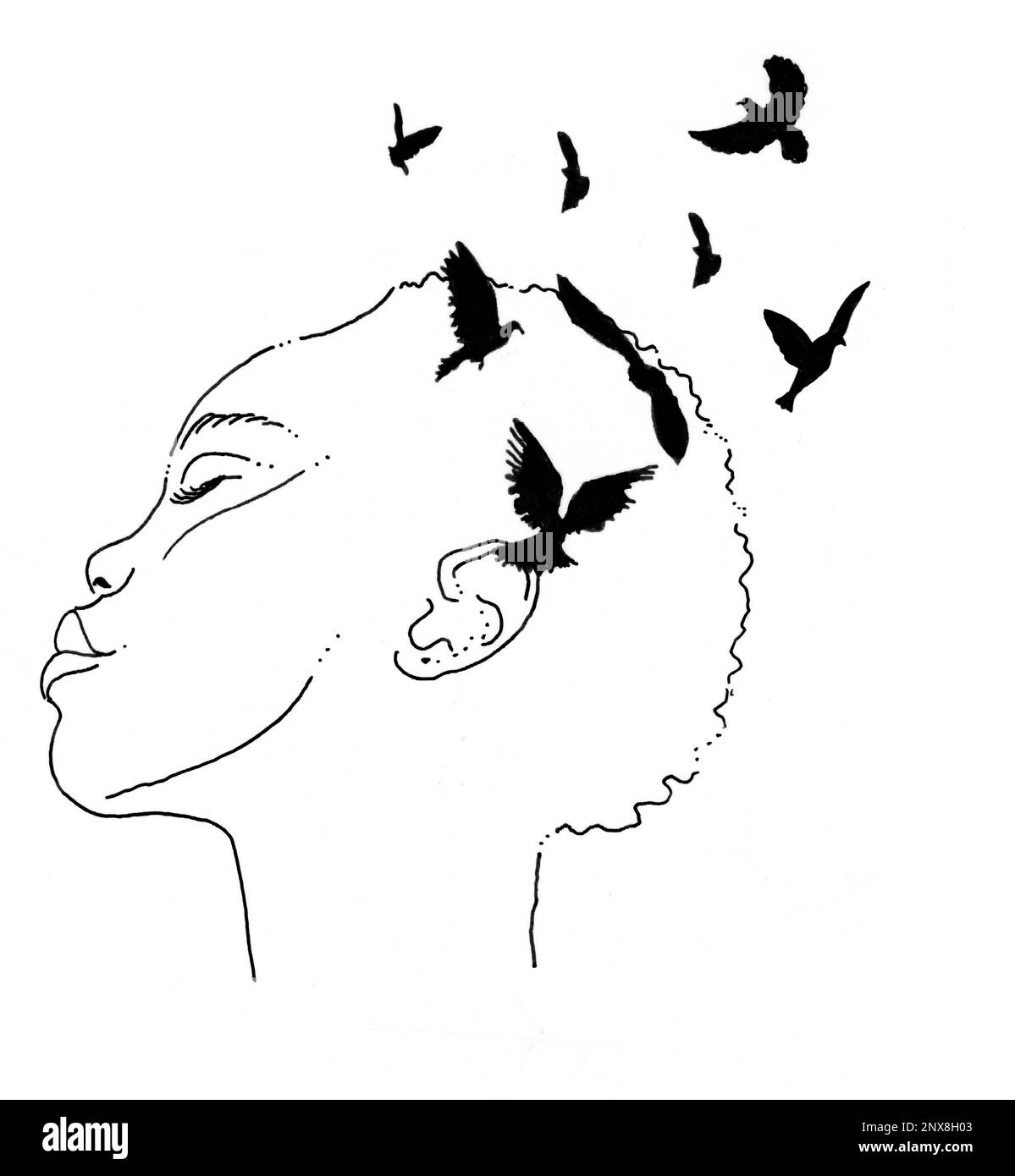 High-resolution ink drawing. Lady profile with birds listening to ...