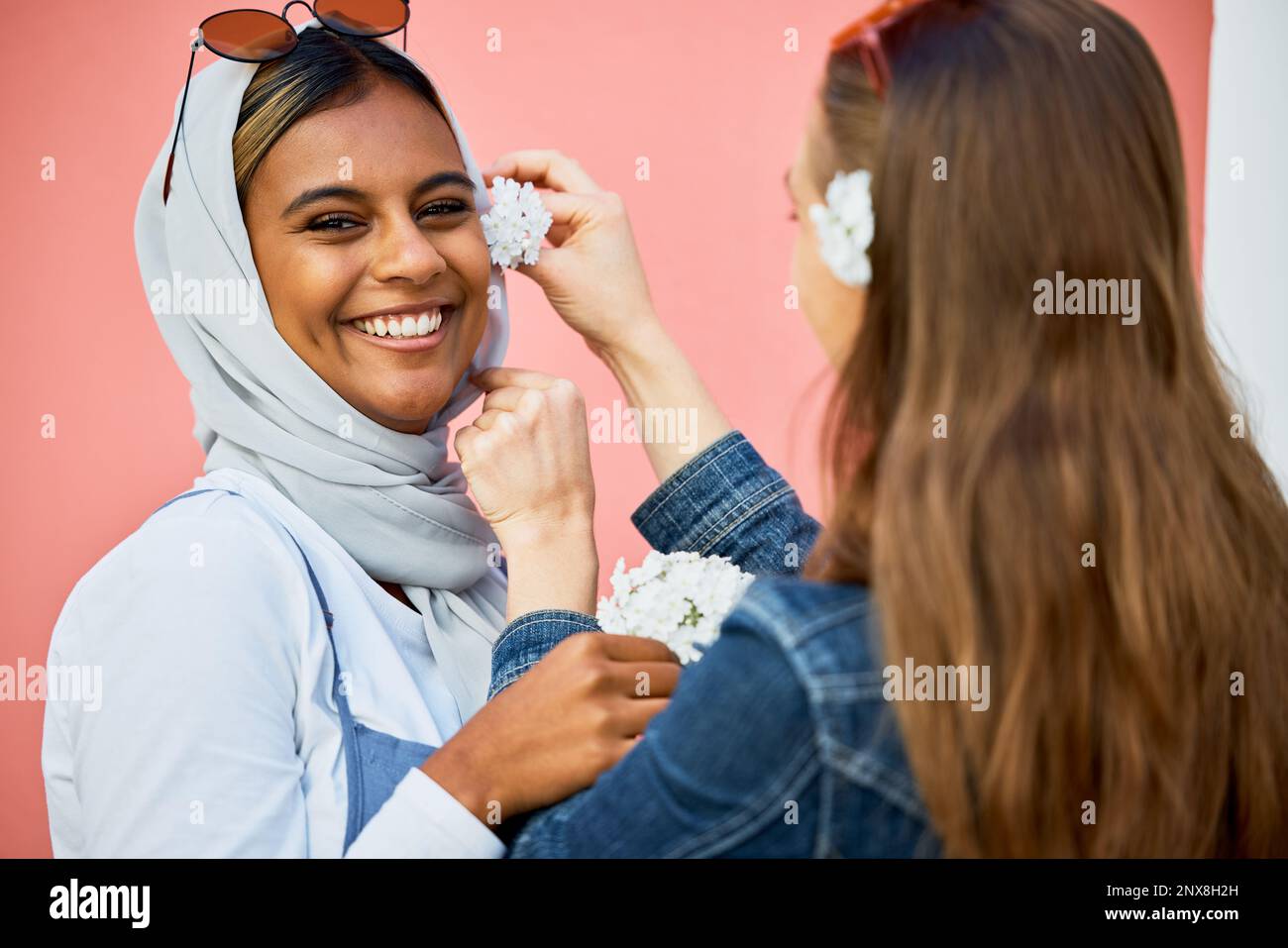 Women, muslim and friends portrait with flower decoration, spring ...
