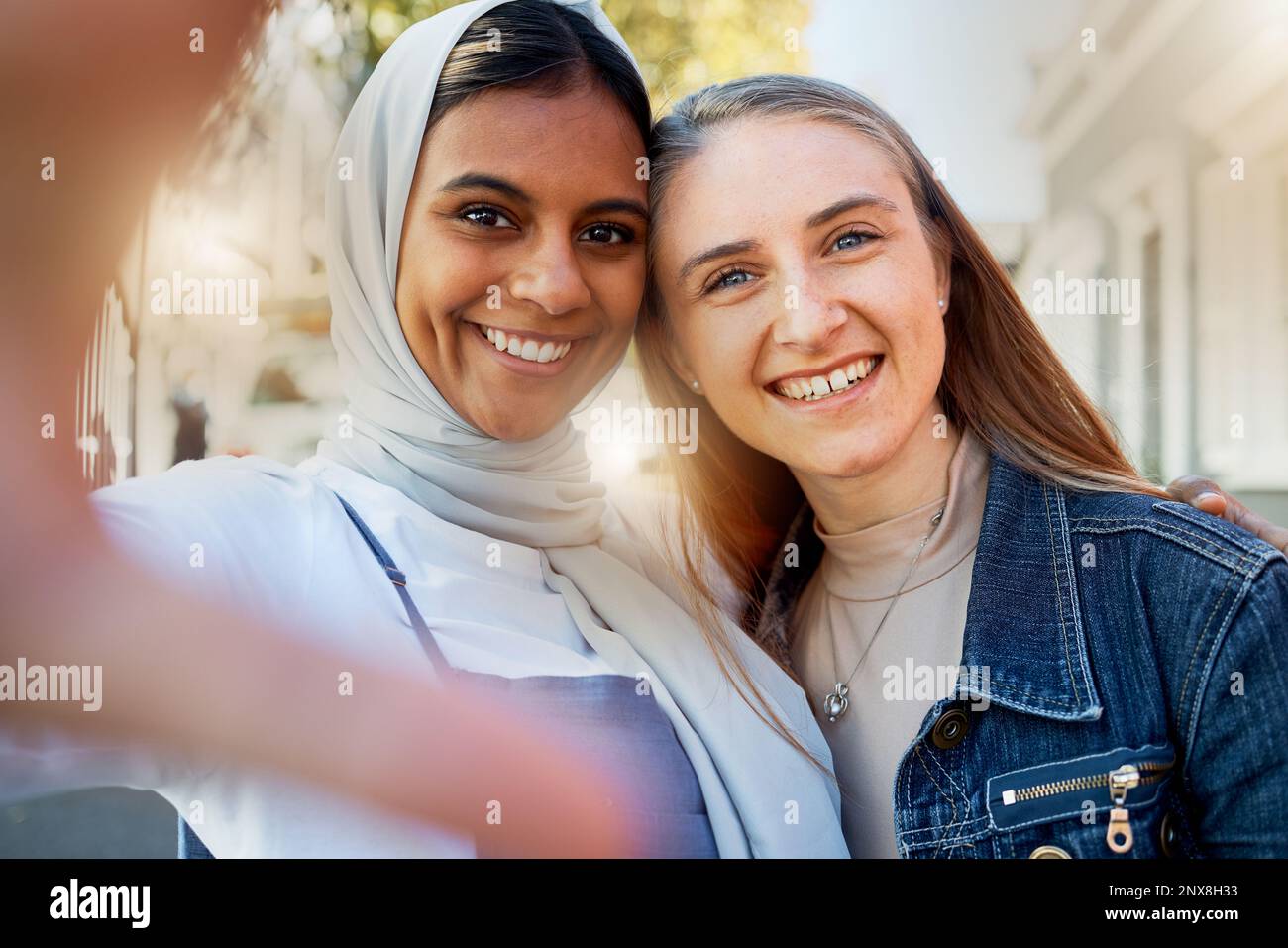 Selfie, friends and girls, hug and outdoor with happiness, reunion and ...