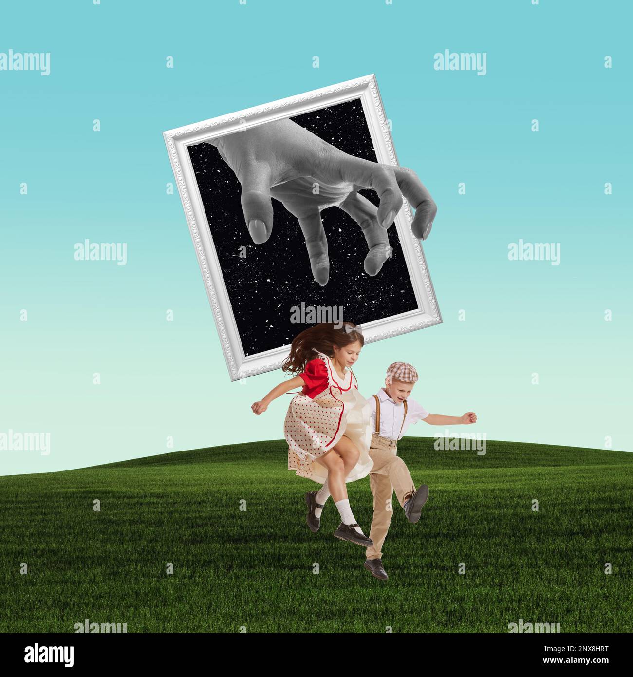 Contemporary art collage. Creative design. Boy and girl, kids running ...