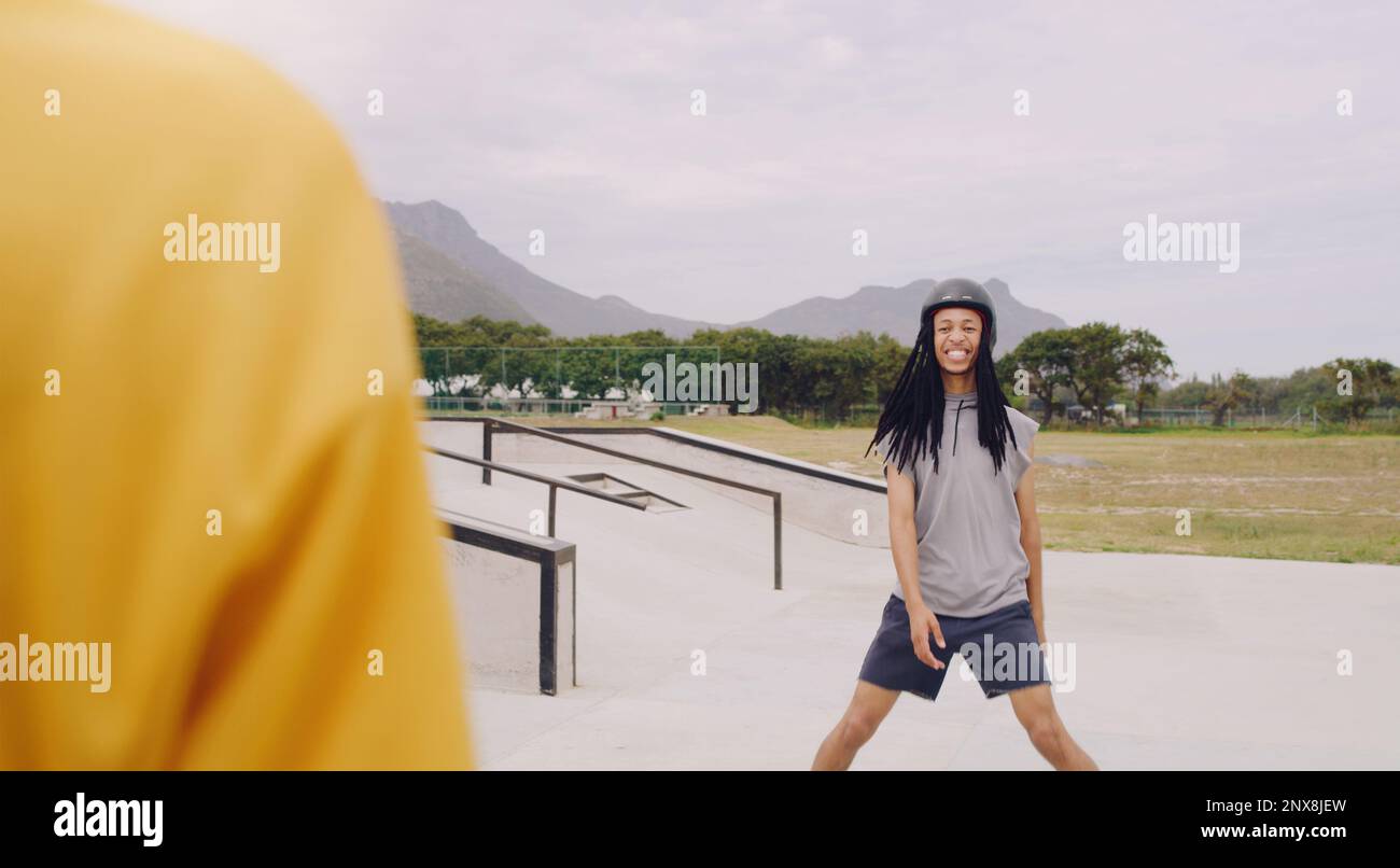 Black man at skate park, sports outdoor with gen z youth, happy and ...