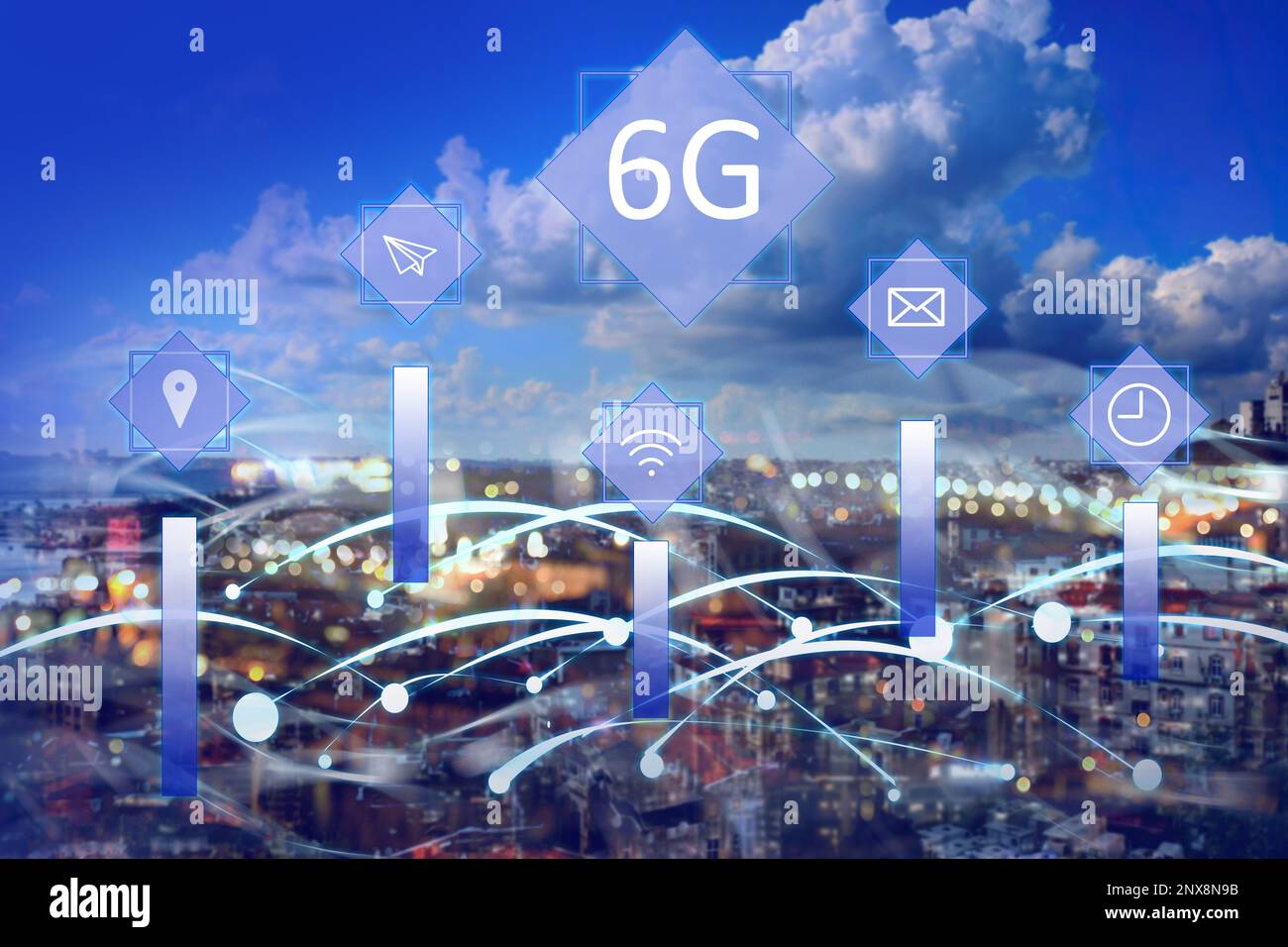 6G network wireless system. Beautiful cityscape and network connection ...