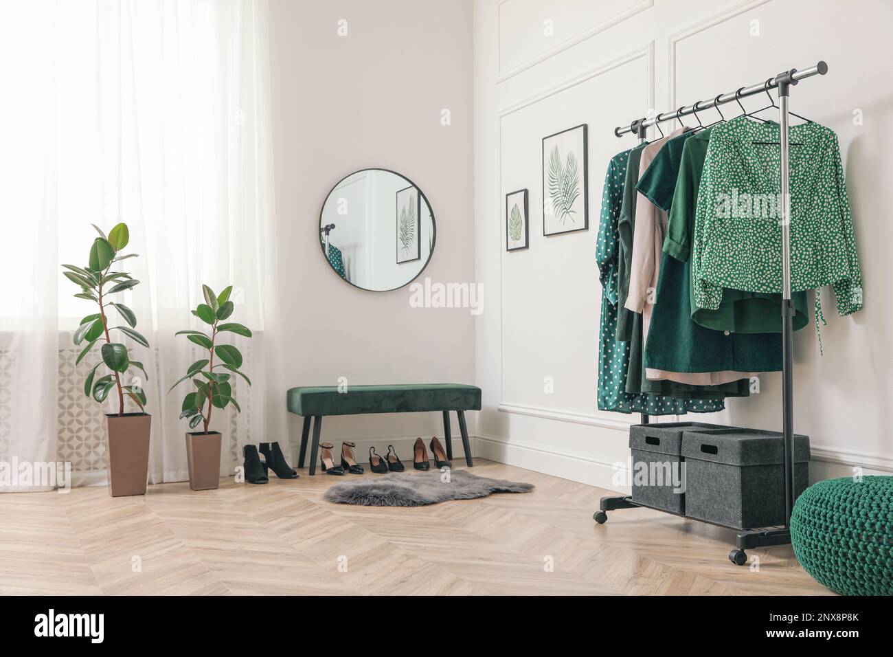 Modern room with clothes rack and mirror. Interior design Stock Photo ...