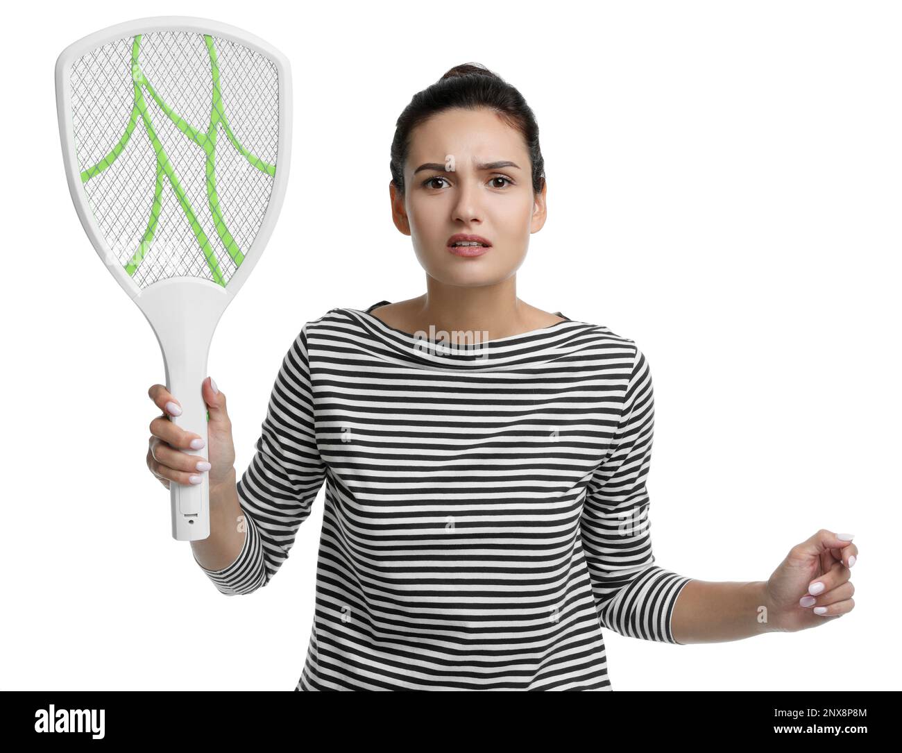 Young woman with electric fly swatter on white background. Insect ...