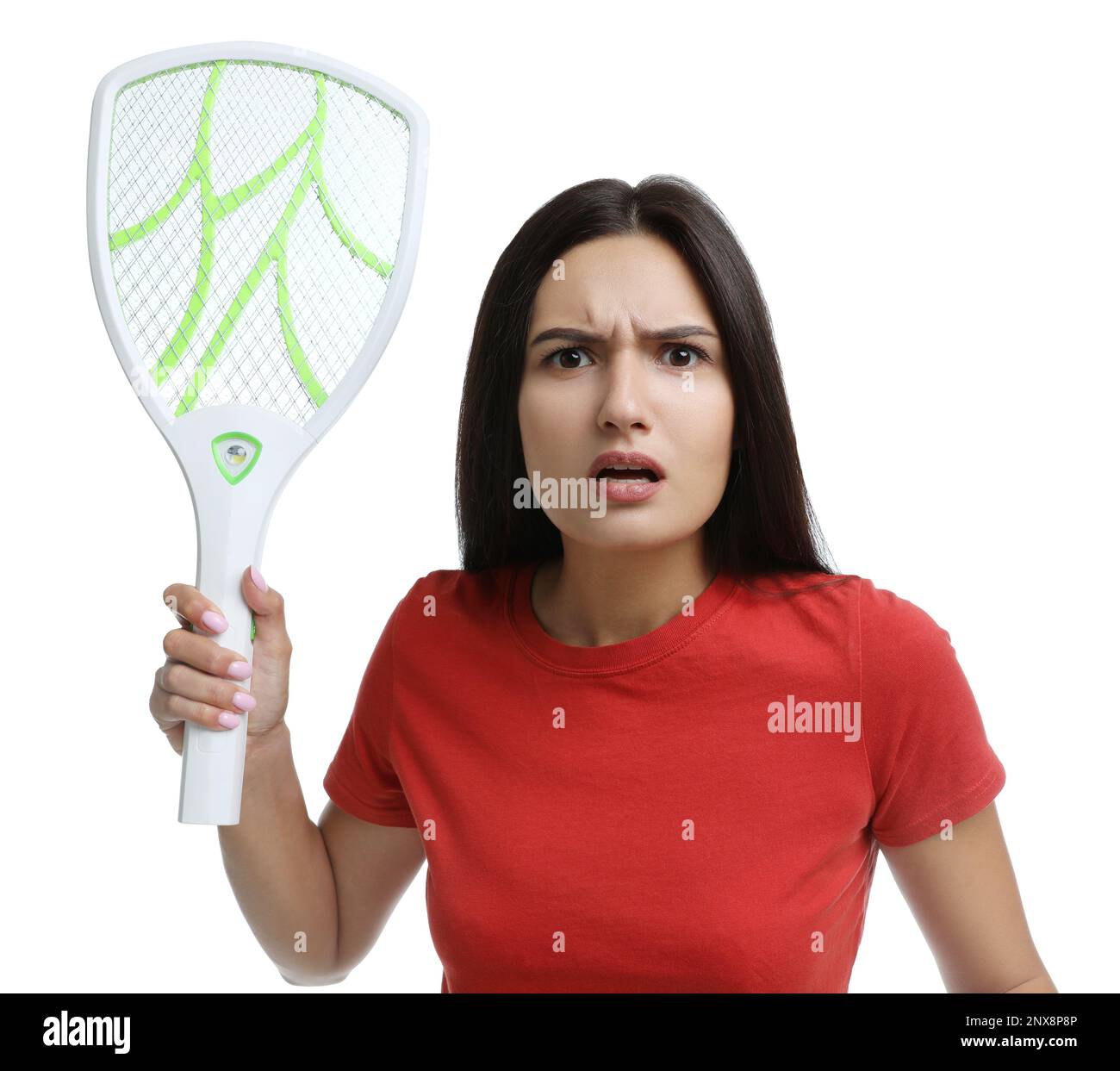 Young woman with electric fly swatter on white background. Insect ...