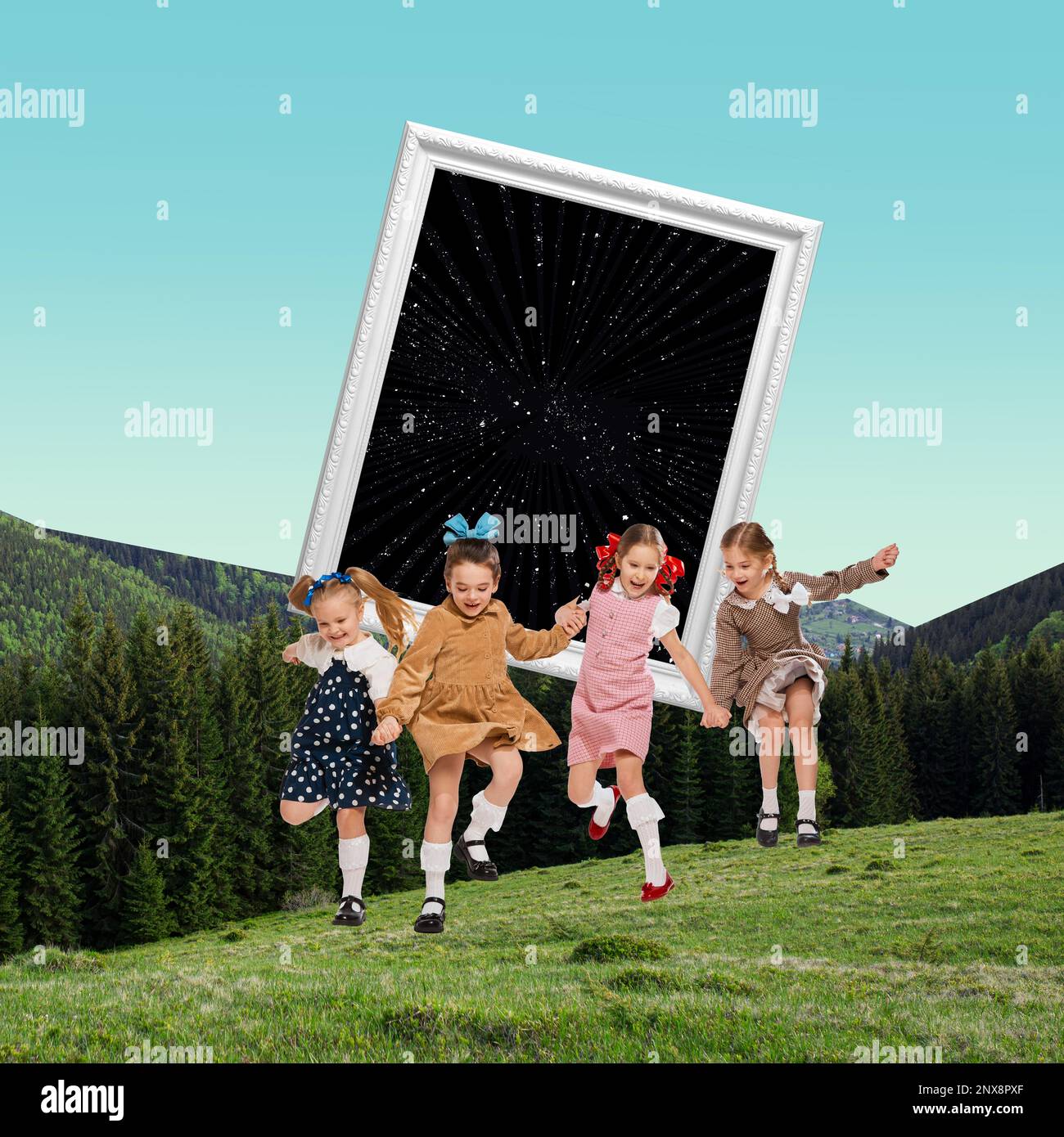 Contemporary art collage. Creative design. Happy playful girls, kids ...