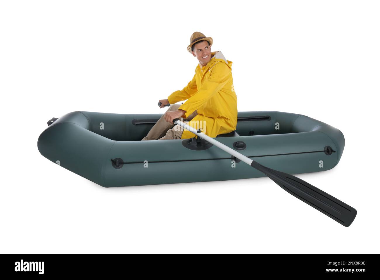 Man rowing inflatable rubber fishing boat on white background Stock ...