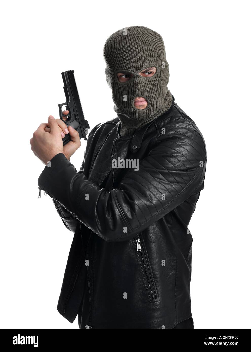 Man wearing knitted balaclava with gun on white background Stock Photo ...