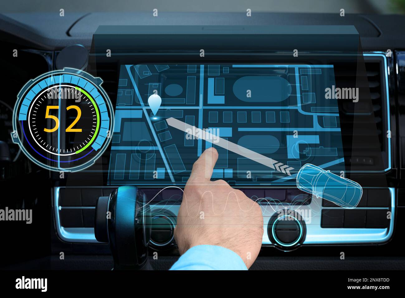 Driver using modern car navigation system, closeup Stock Photo - Alamy