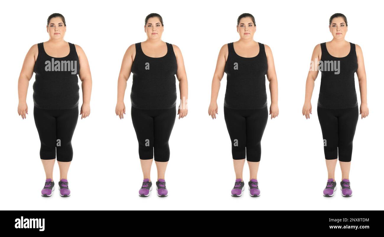 Collage with photos of woman before and after weight loss diet on white ...