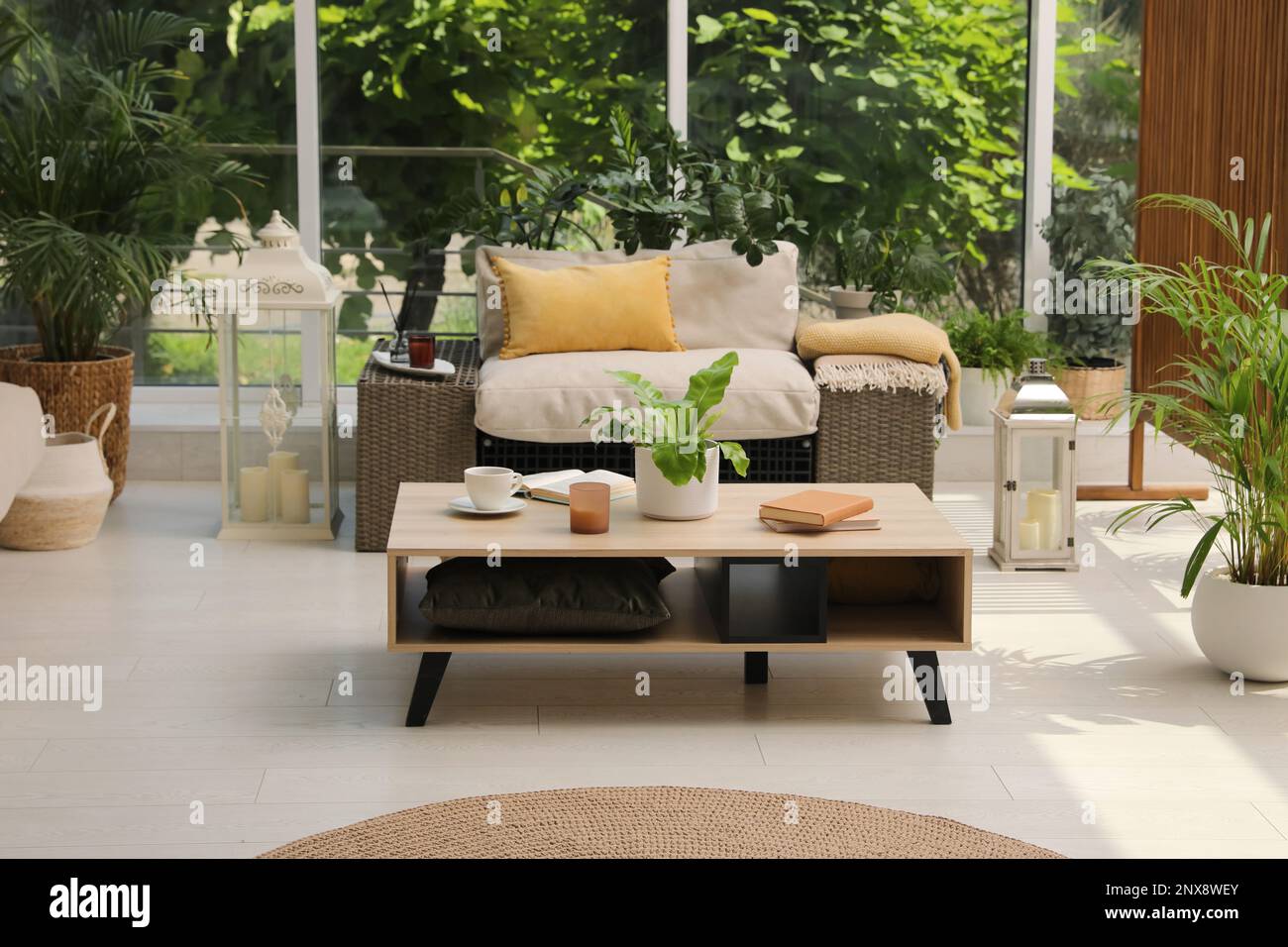 Indoor terrace interior with modern furniture and houseplants Stock ...