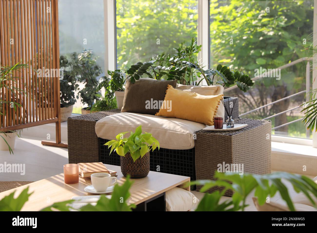 Indoor terrace interior with modern furniture and houseplants Stock ...