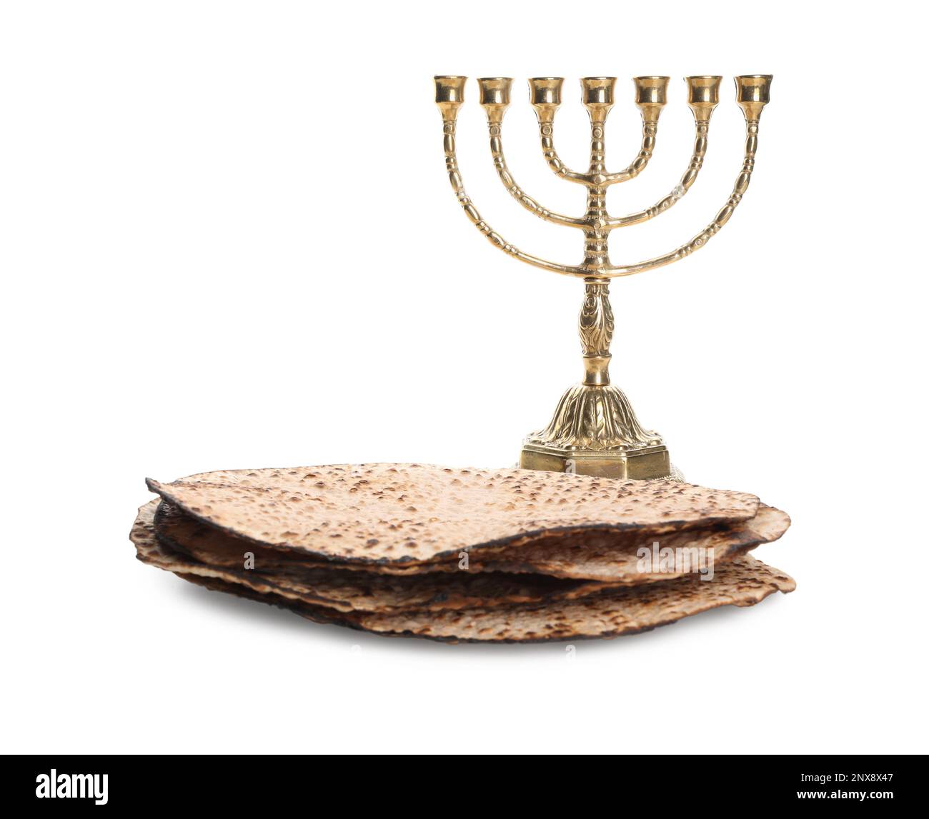 Tasty matzos and menorah on white background. Passover (Pesach ...
