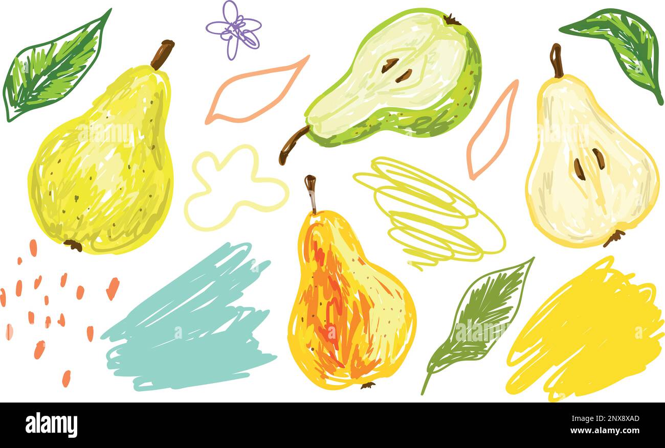 Pears and abstract elements in flat style. Set of clip art for trendy ...