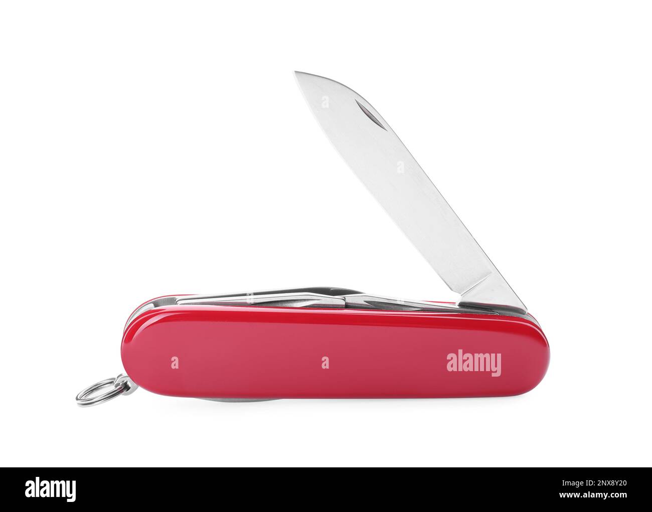 Compact portable multitool with red handle isolated on white Stock ...