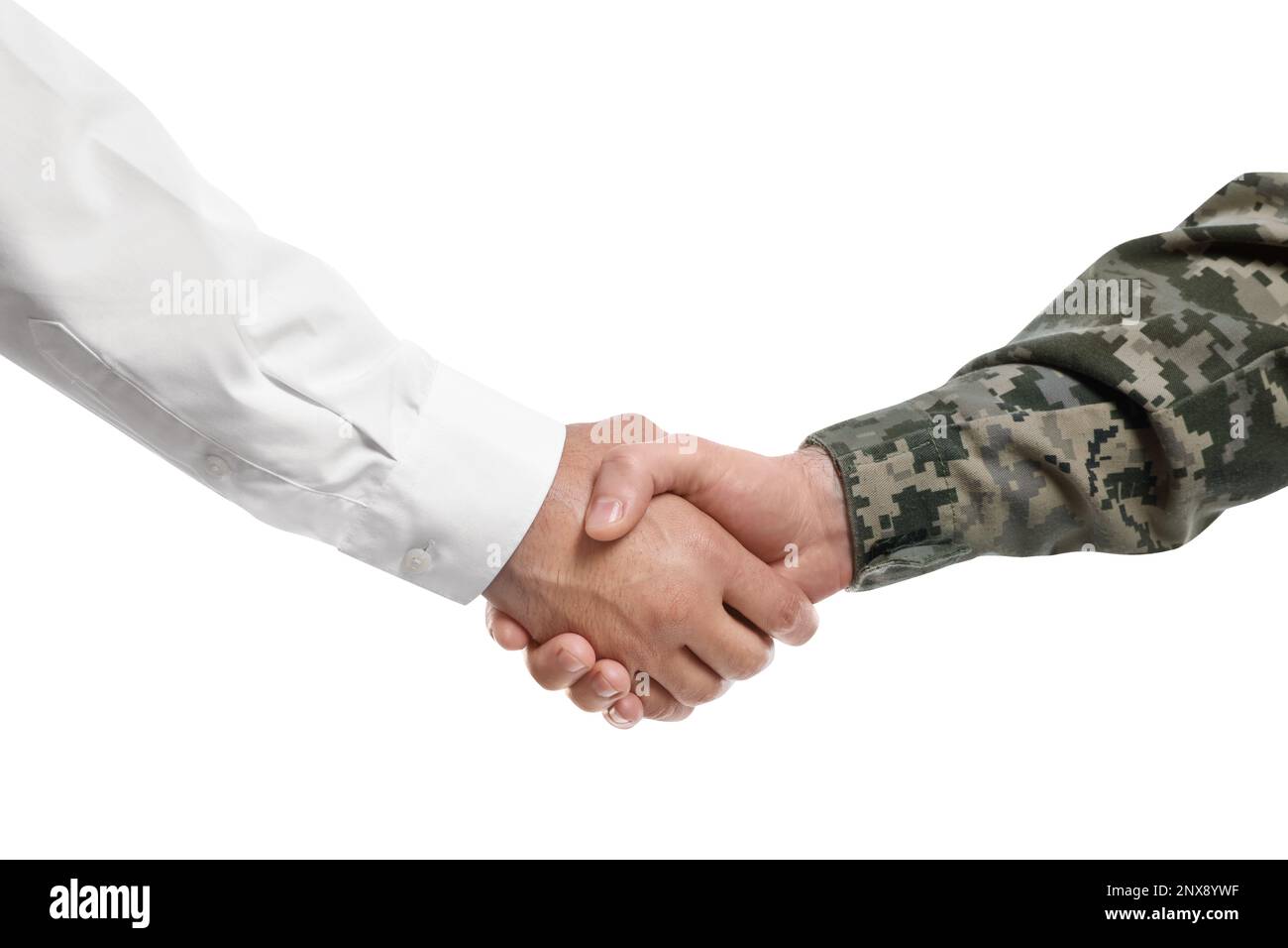 Soldier and businessman shaking hands against white background, closeup ...
