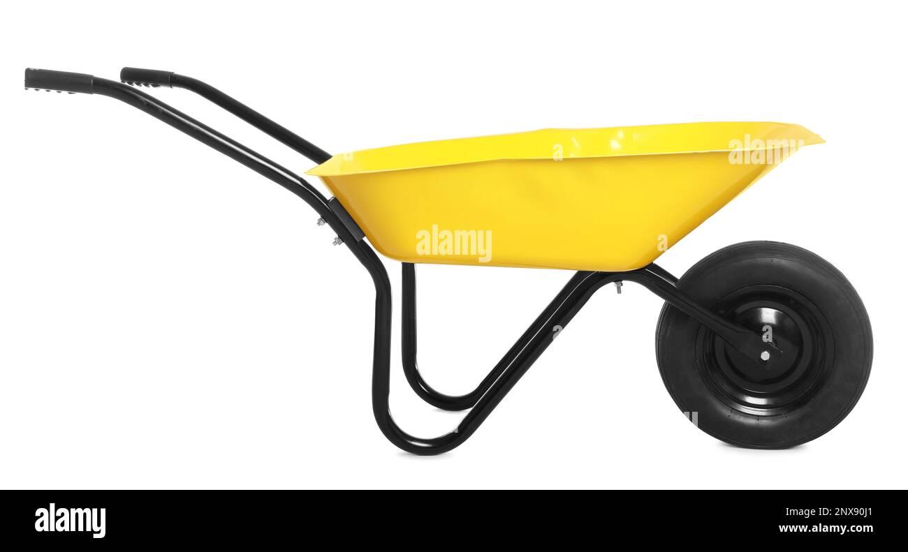 Yellow wheelbarrow isolated on white. Gardening tool Stock Photo - Alamy