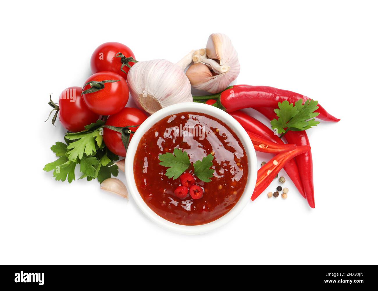 Spicy chili sauce and ingredients on white background, top view Stock ...
