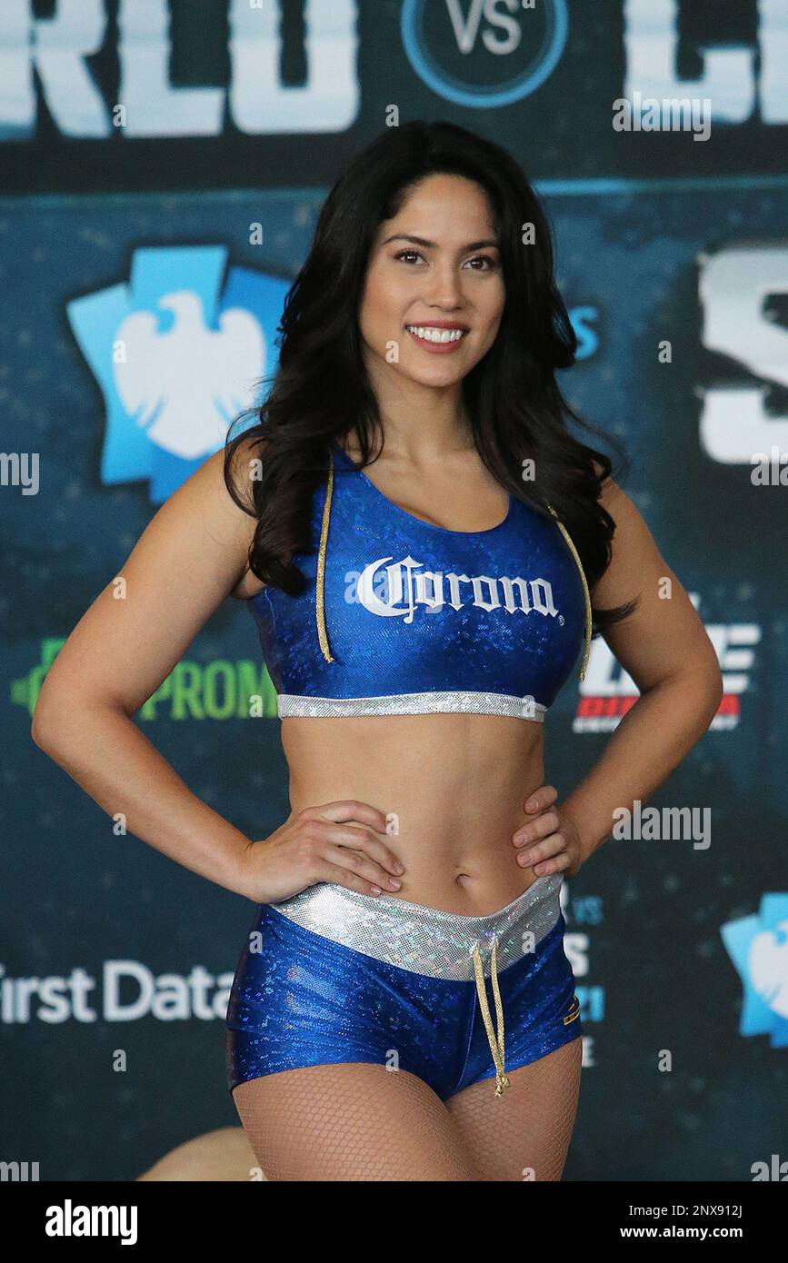 A Corona beer ring girl poses during weigh ins for the upcoming Showtime boxing match at ...