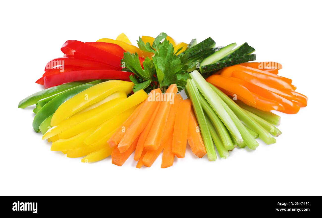 Different vegetables cut in sticks on white background Stock Photo - Alamy