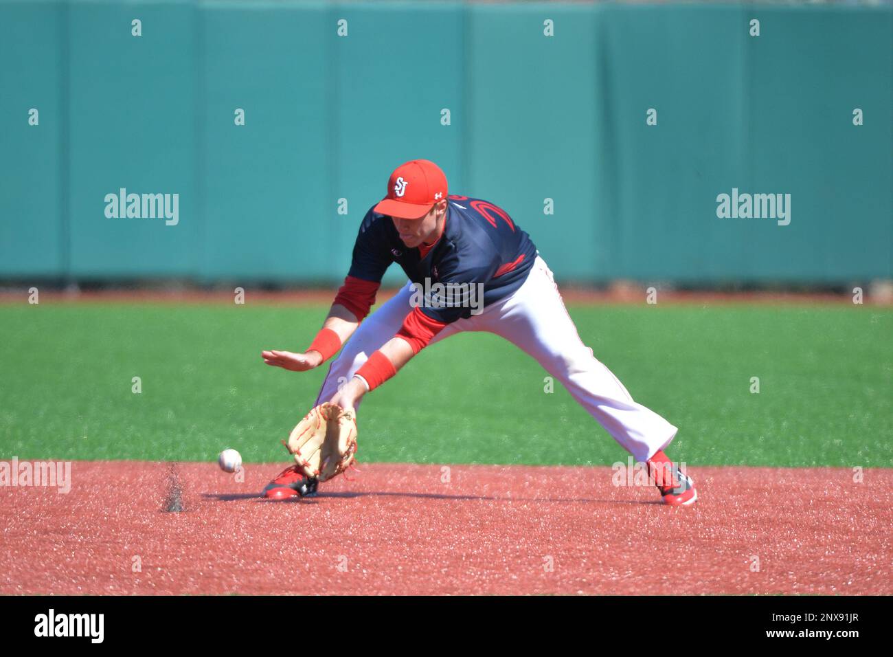 St. John's University Redstorm infielder Luke Stampfl (28) during game ...