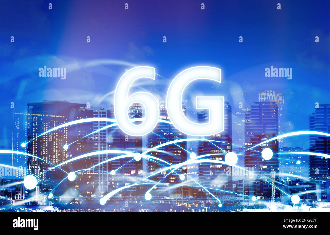 6G network wireless system. Beautiful cityscape and network connection ...