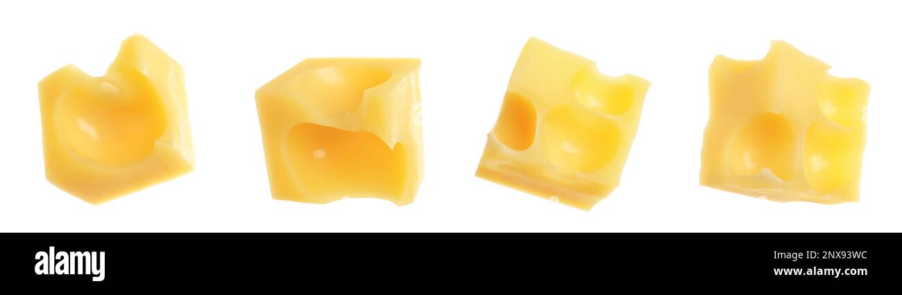 Pieces of delicious cheese on white background, collage. Banner design ...