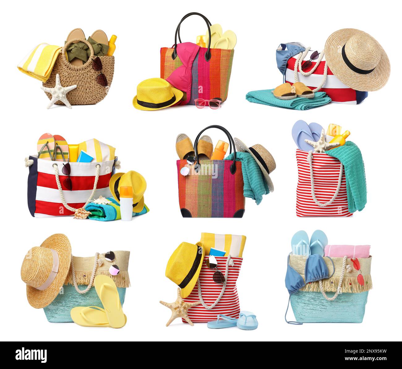 Set with different stylish bags and beach accessories on white ...