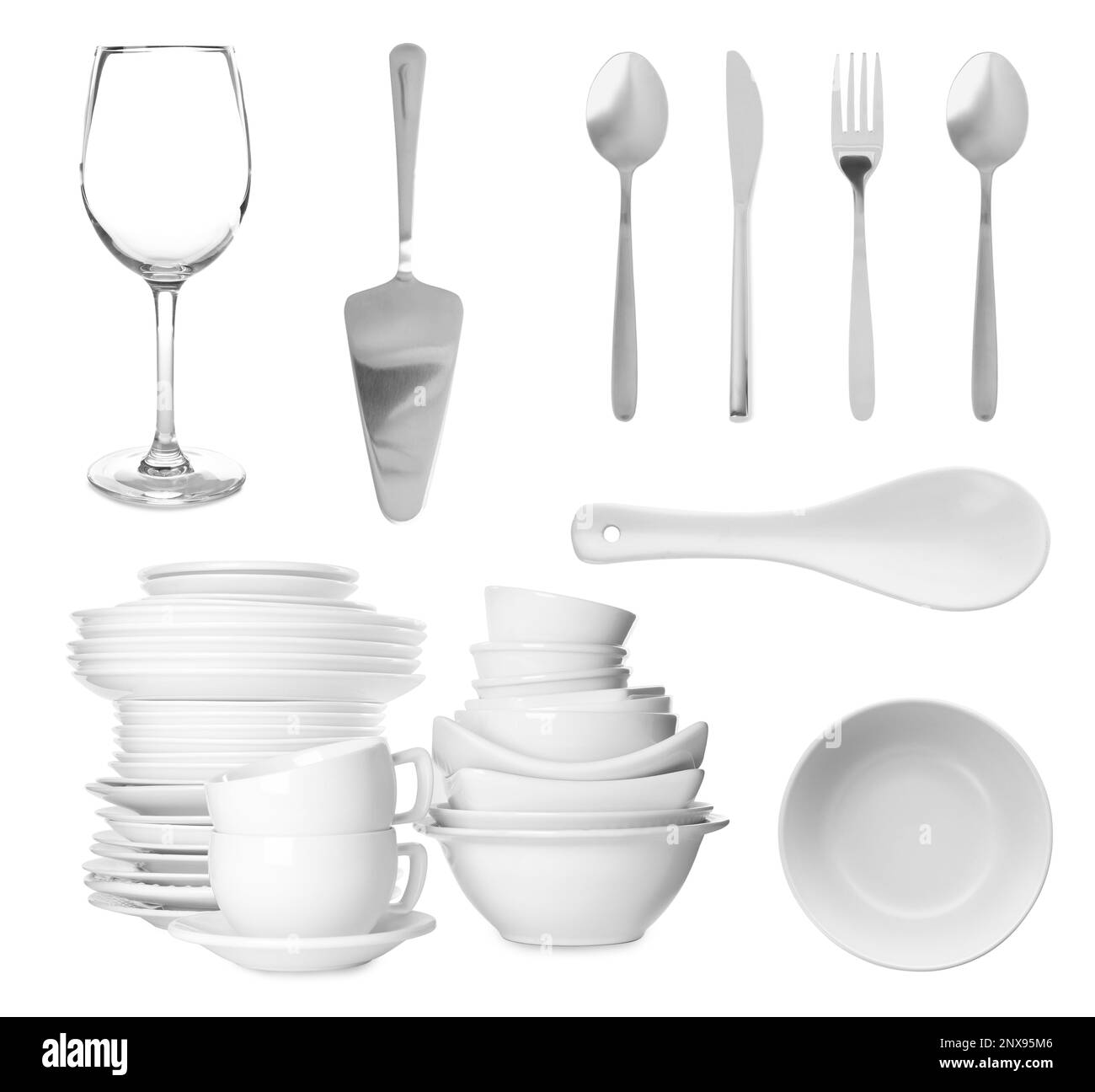 Set with different clean dishware and cutlery on white background Stock ...