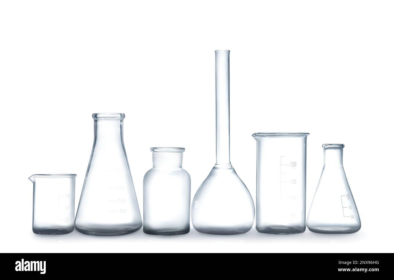Clean empty laboratory glassware isolated on white Stock Photo - Alamy